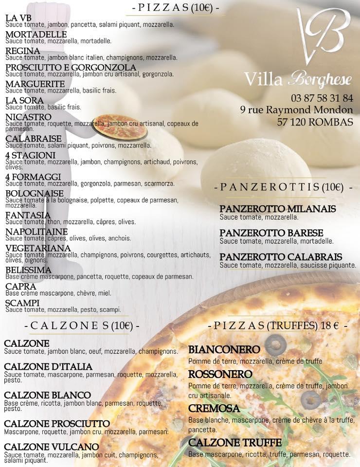 Carta del restaurante Villa Borghese, Rombas