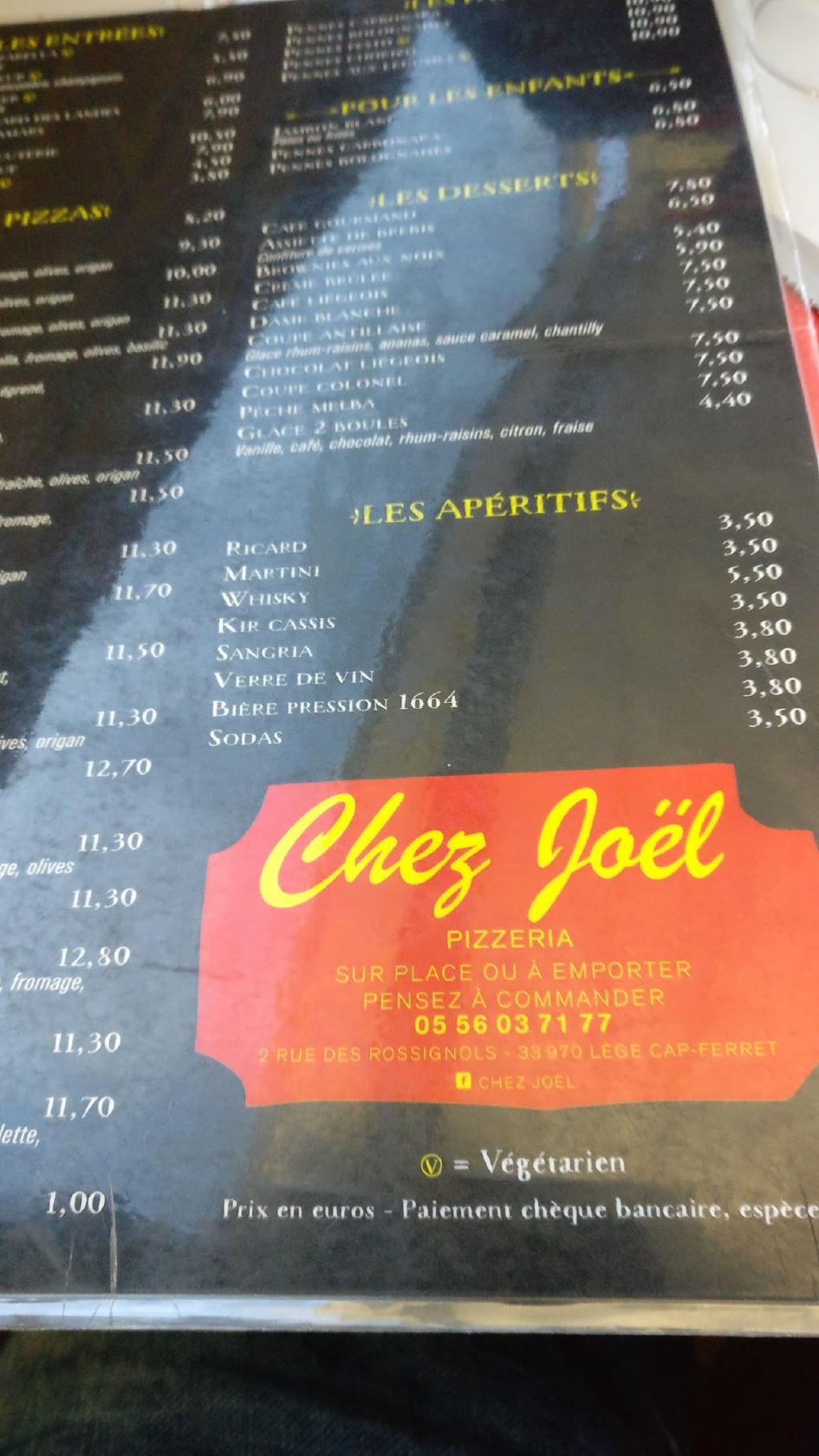 Menu at Chez Joël restaurant, Lège-Cap-Ferret