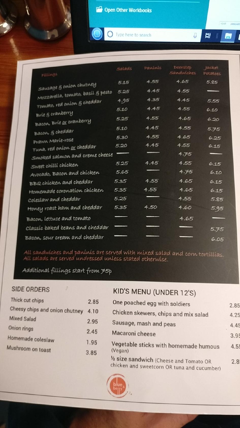 Menu at Blue & Berry Café cafe, Felixstowe