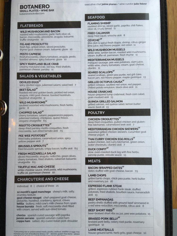 Carta de Botanero Restaurant, Rockville