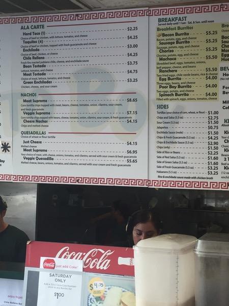Menu at Burrito Boy restaurant, Springfield, Olympic St
