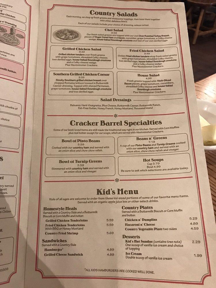 Menu at Cracker Barrel Old Country Store, Lubbock