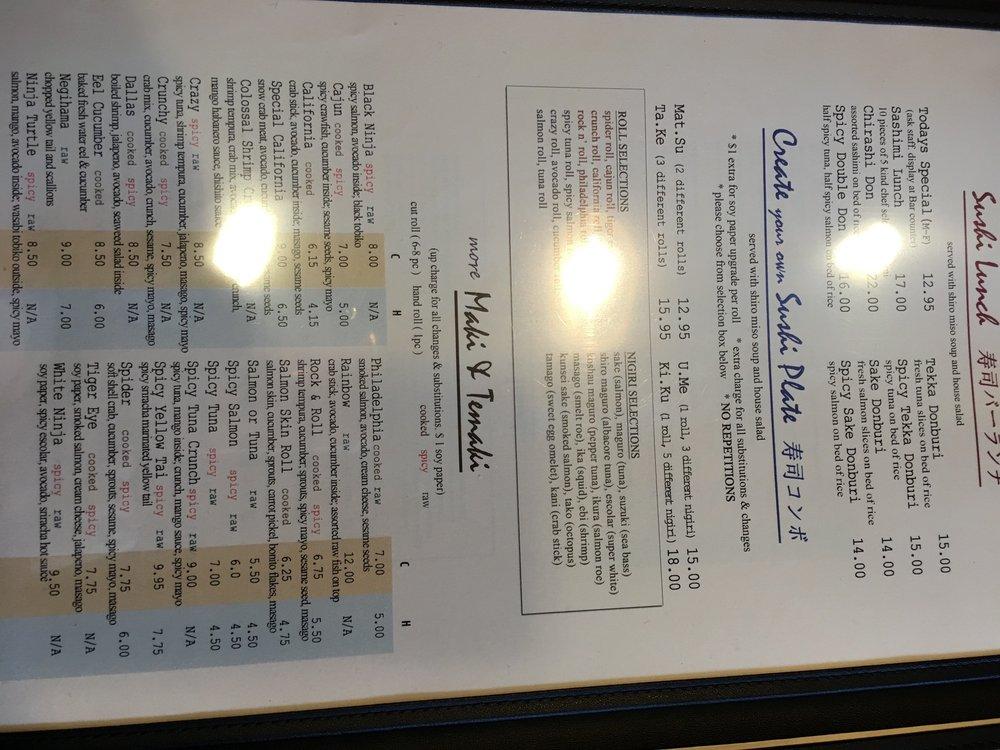 Menu at Fukuda sushi Japanese restaurant, The Woodlands