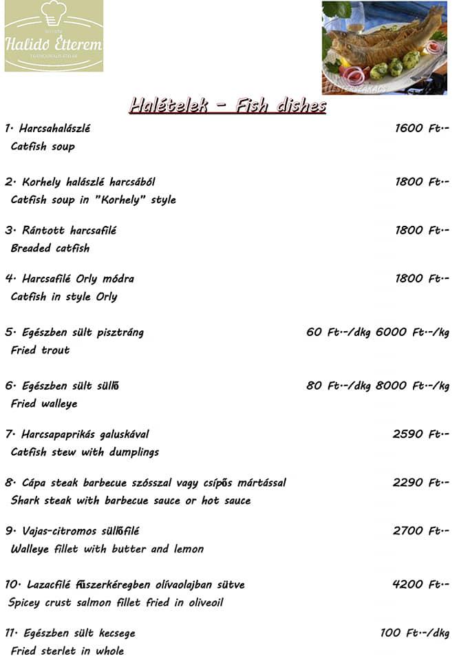 Menu at Halidó étterem restaurant, Hajdúnánás
