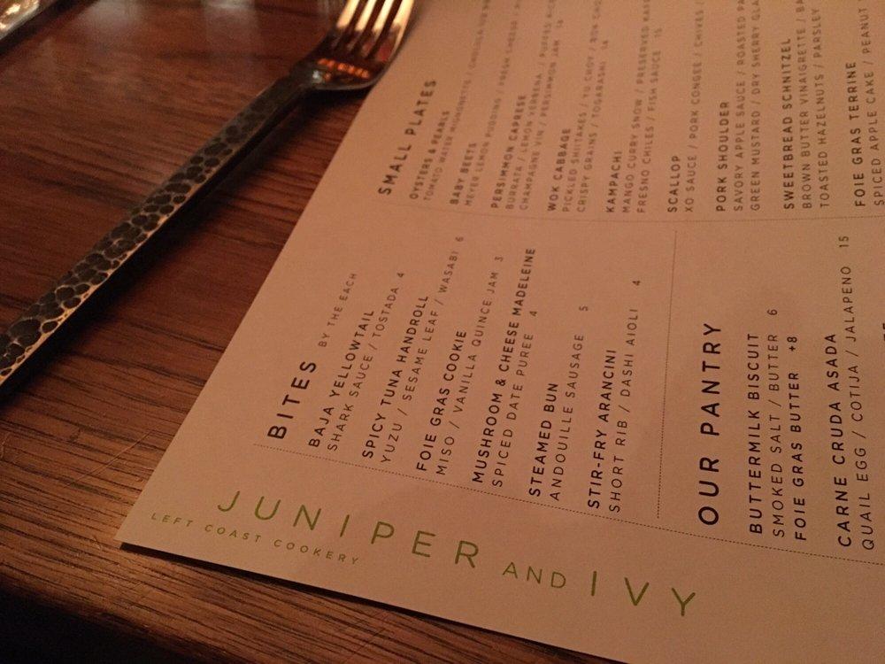 Menu at Juniper & Ivy pub & bar, San Diego