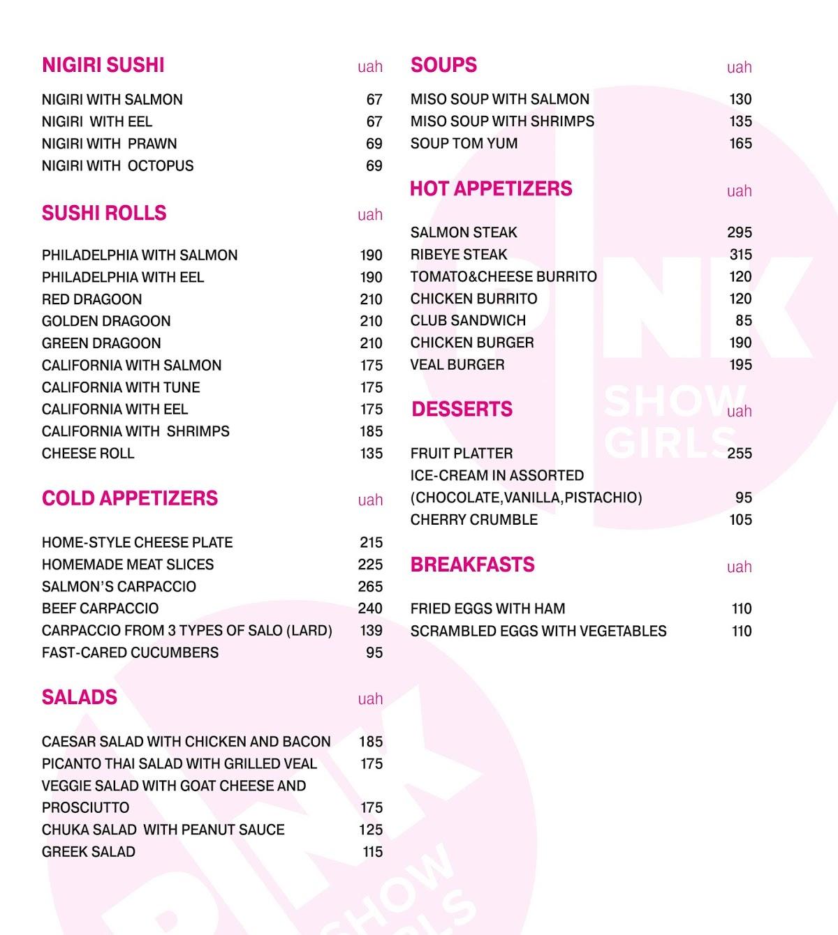 Menu at Pink Show Girls club, Lviv