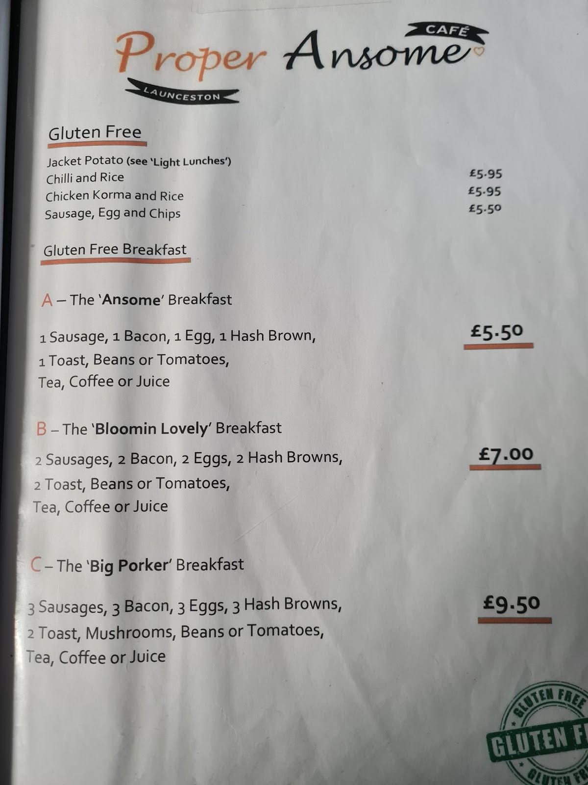 Menu at Proper Ansome cafe, Launceston