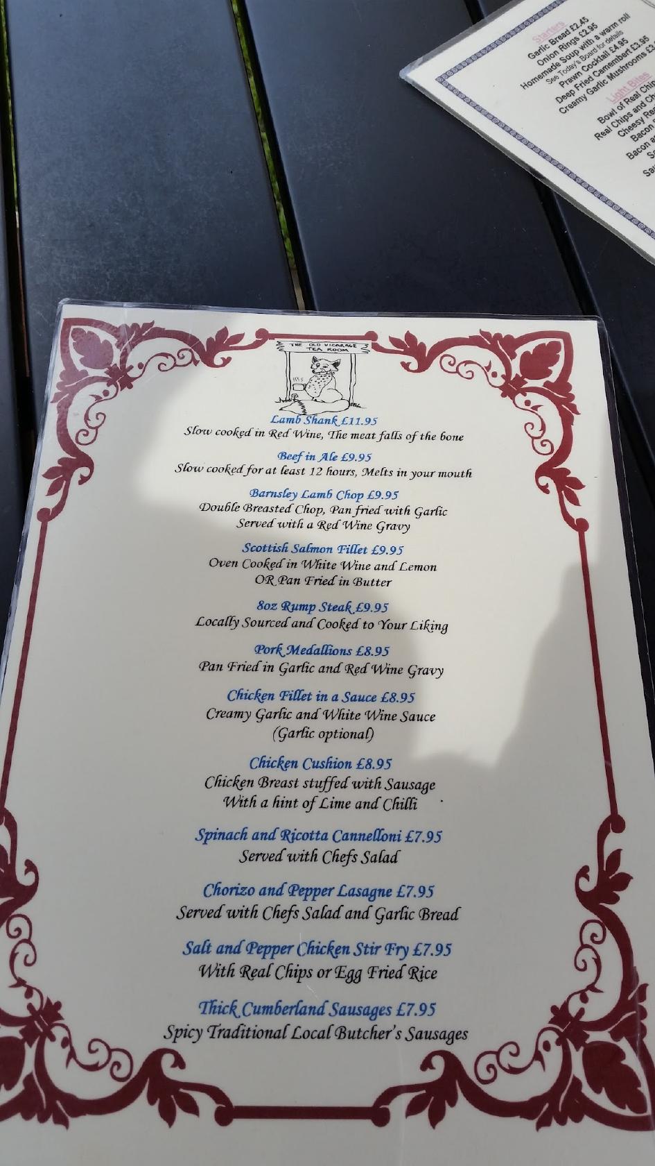 Menu at The Old Vicarage Tearooms cafe, Gisburn Forest