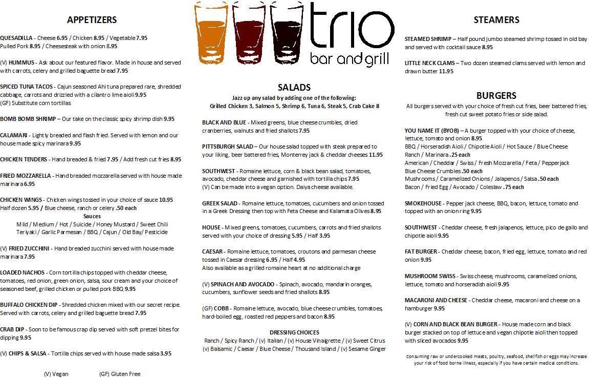 Menu at Trio Bar And Grill, Salunga-Landisville