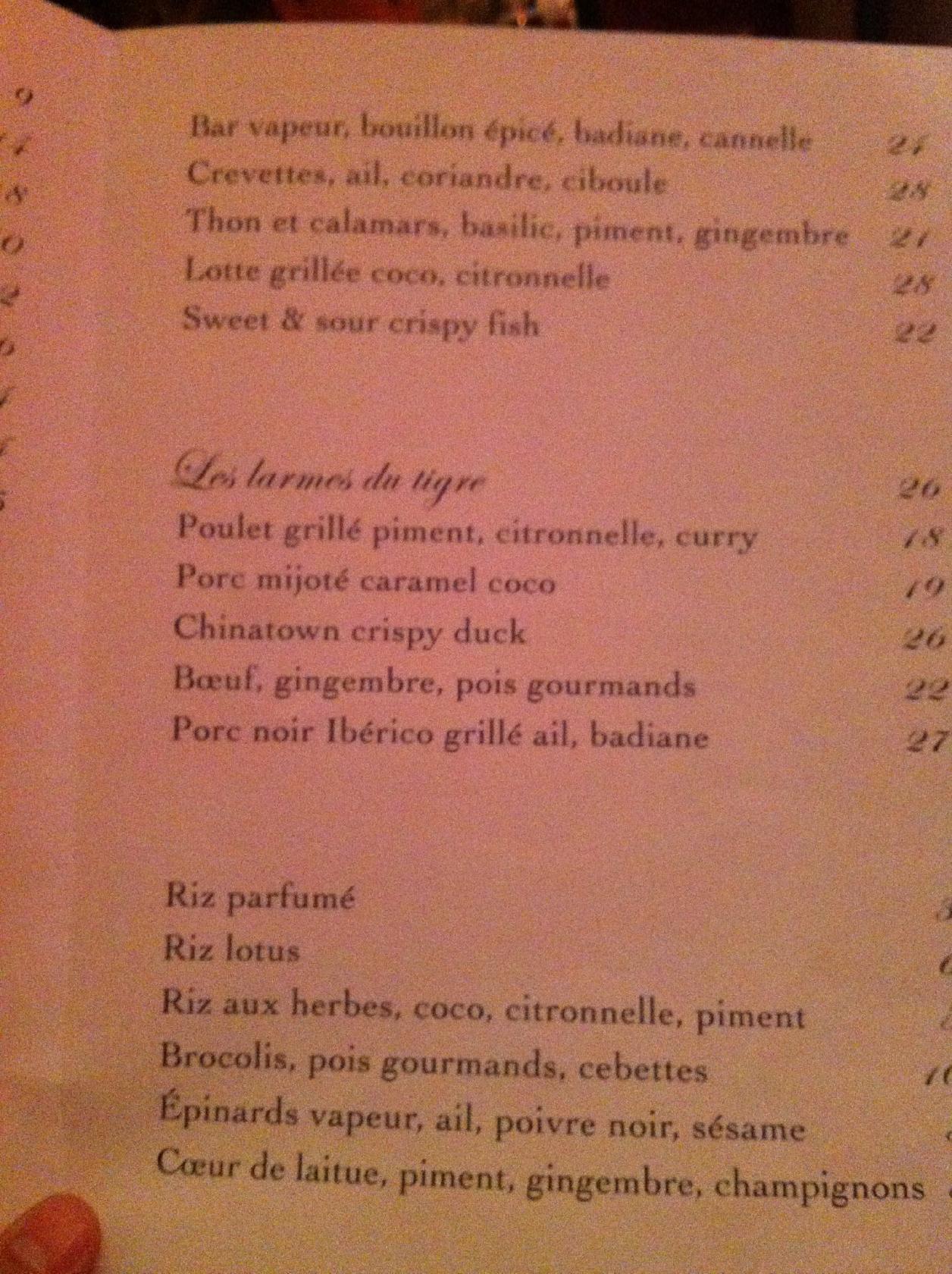 Menu au Lily Wang restaurant, Paris