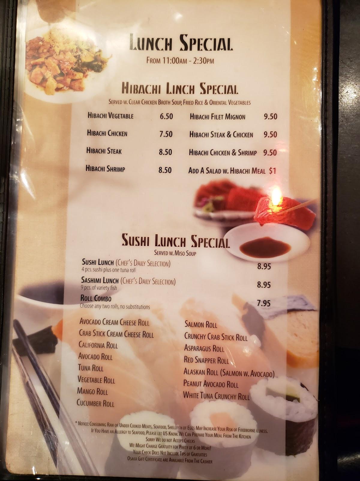 Menu at Osaka Japanese House restaurant, Culpeper