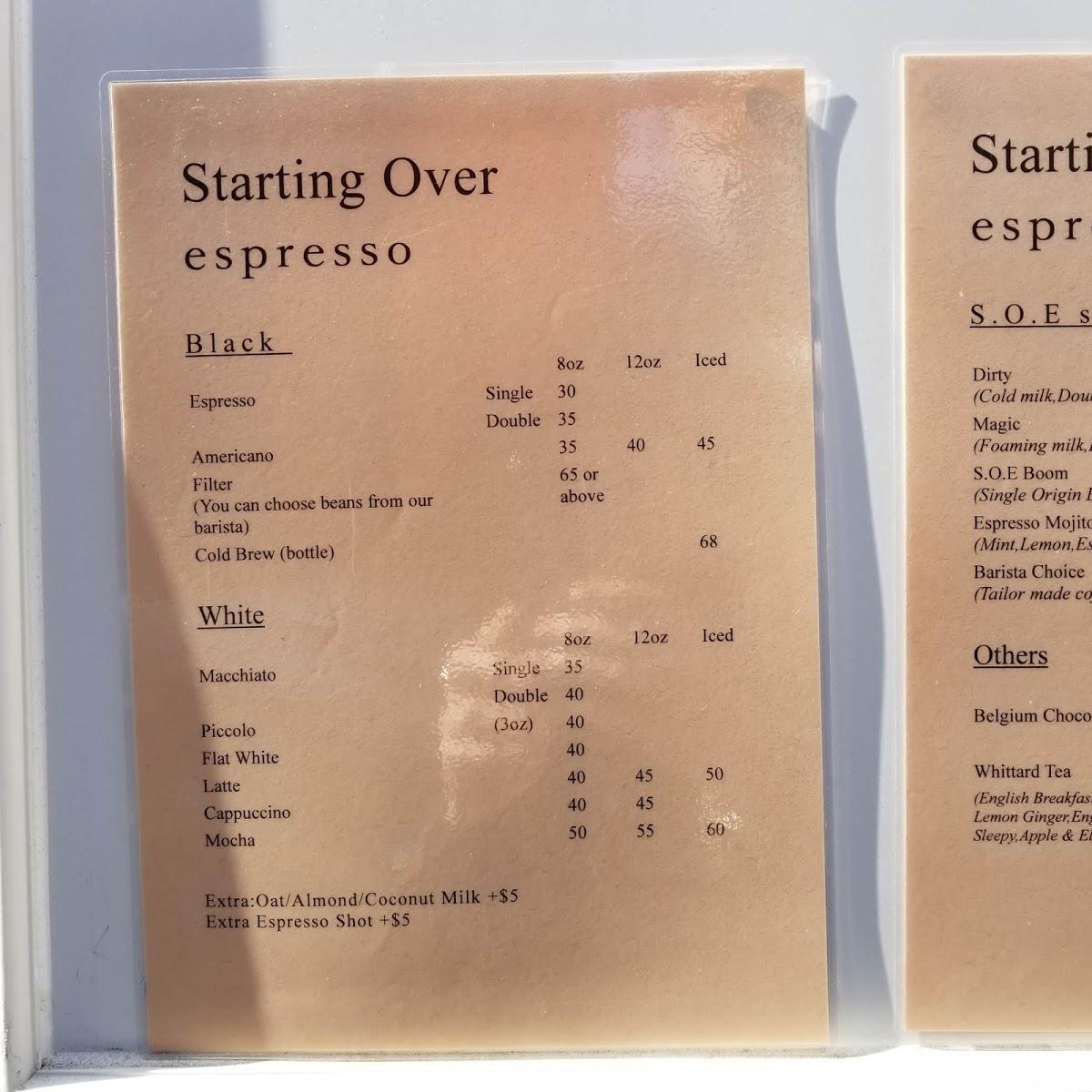 Menu at Starting Over Espresso, Hong Kong