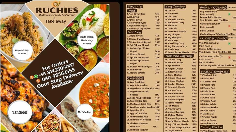 Menu at The Ruchies Restaurant, Hyderabad, 8-3-945/3/2