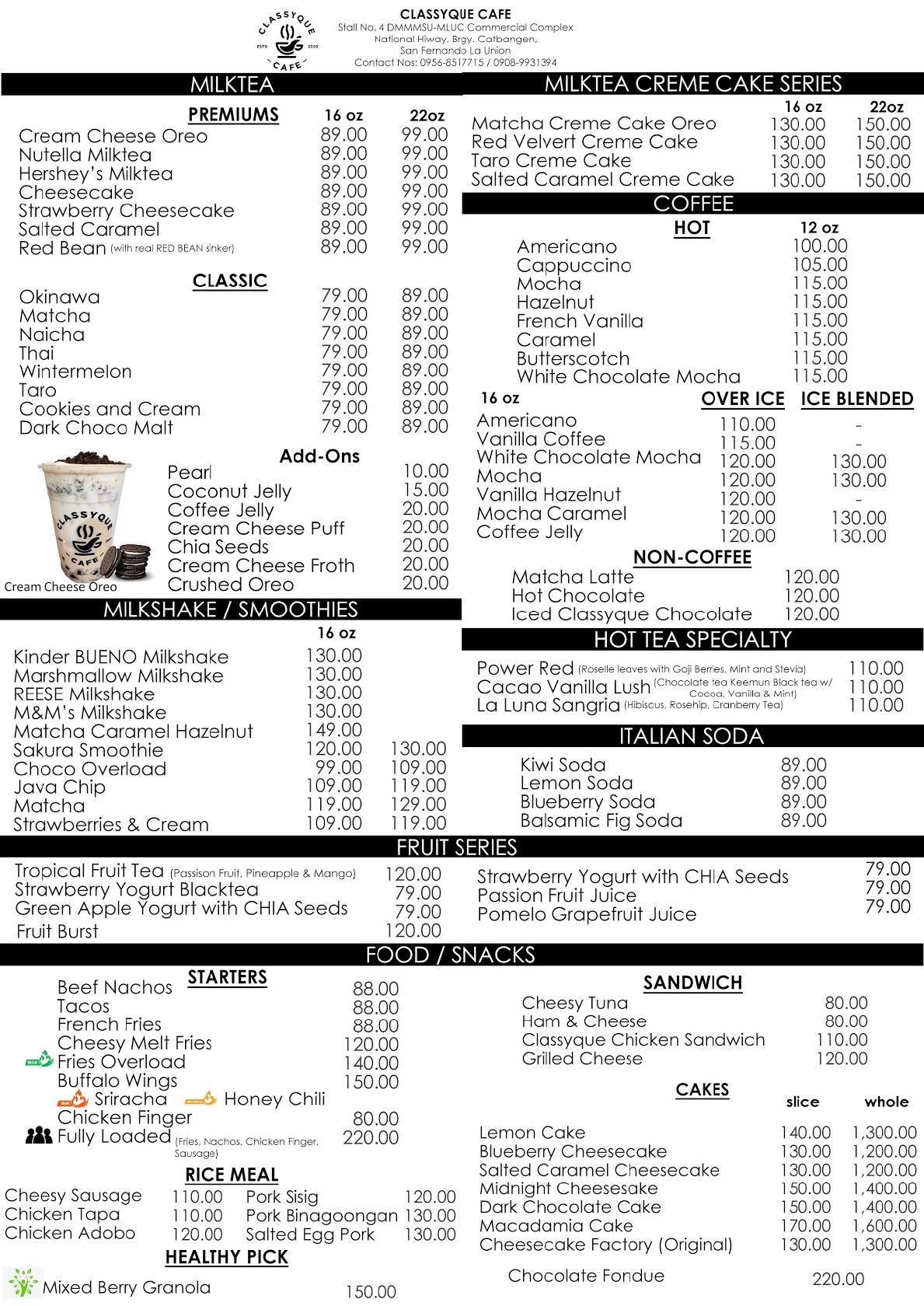 Menu At Classyque Cafe San Fernando Menu At Classyque Cafe San Fernando