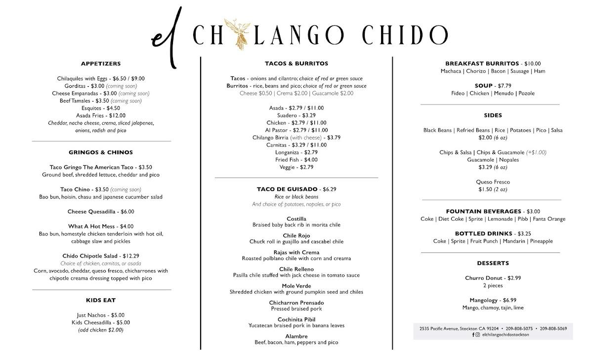 Carta del restaurante El Chilango Chido, Stockton