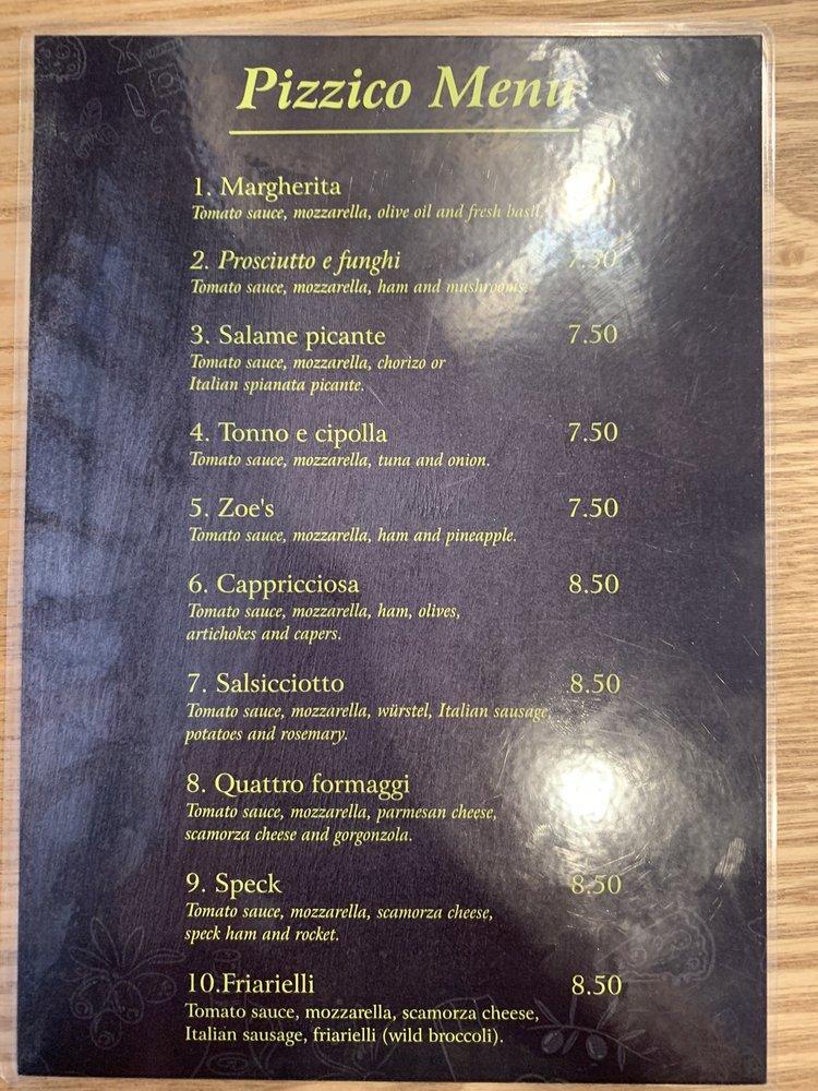 Menu at Pizzico pizzeria, Wigan