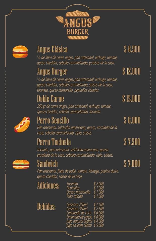 Carta del restaurante Angus Burger popayan, Popayán, Transversal 9 #56n33
