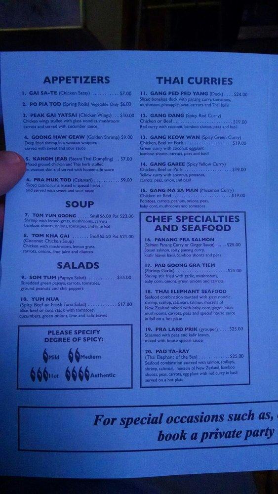Menu at Blue Elephant Thai Cuisine restaurant, Murrells Inlet