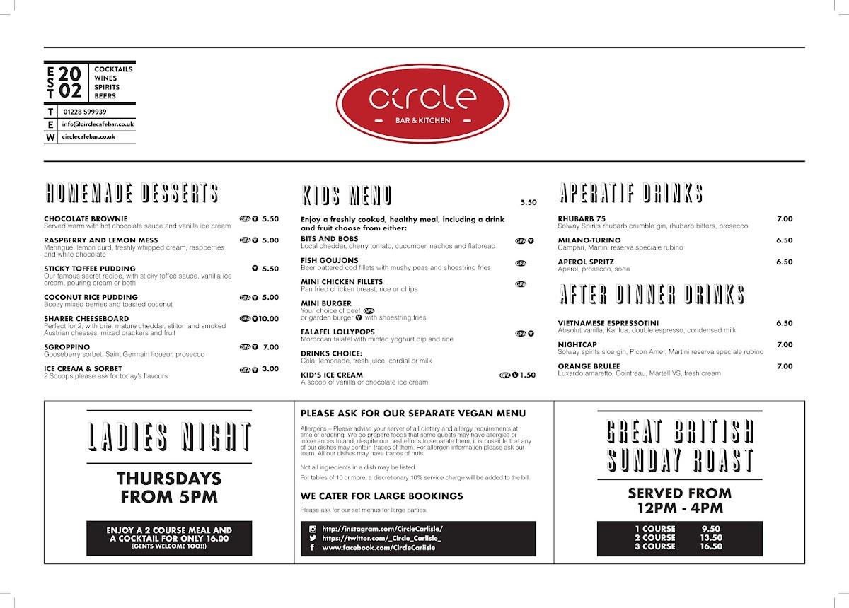 Menu at Circle Cafe Bar, Carlisle