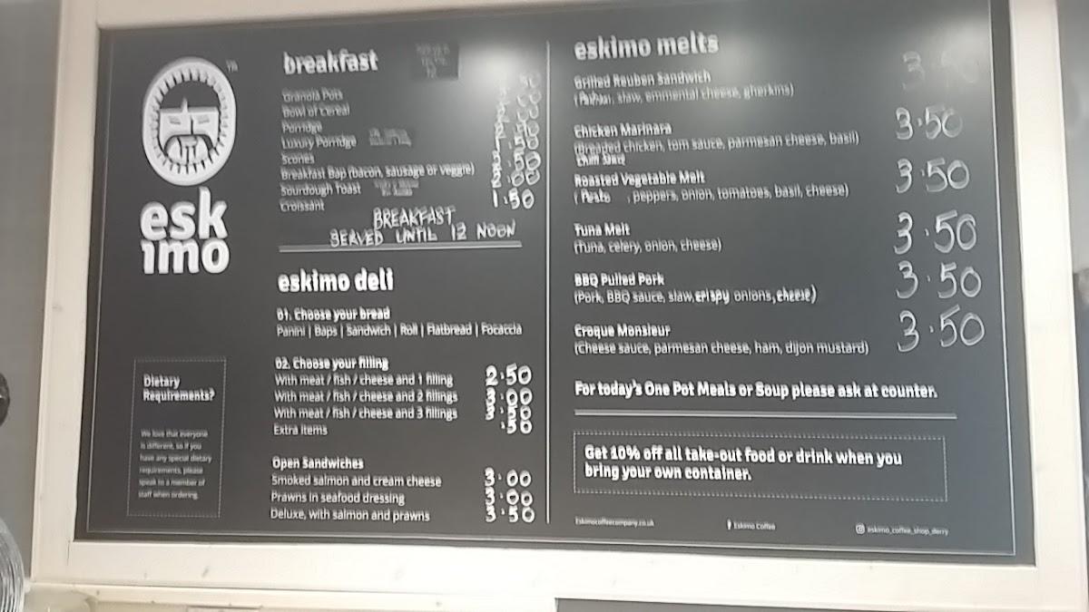 Menu at Eskimo cafe, Londonderry