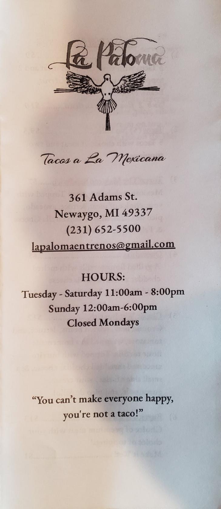 Menu at La Paloma restaurant, Newaygo