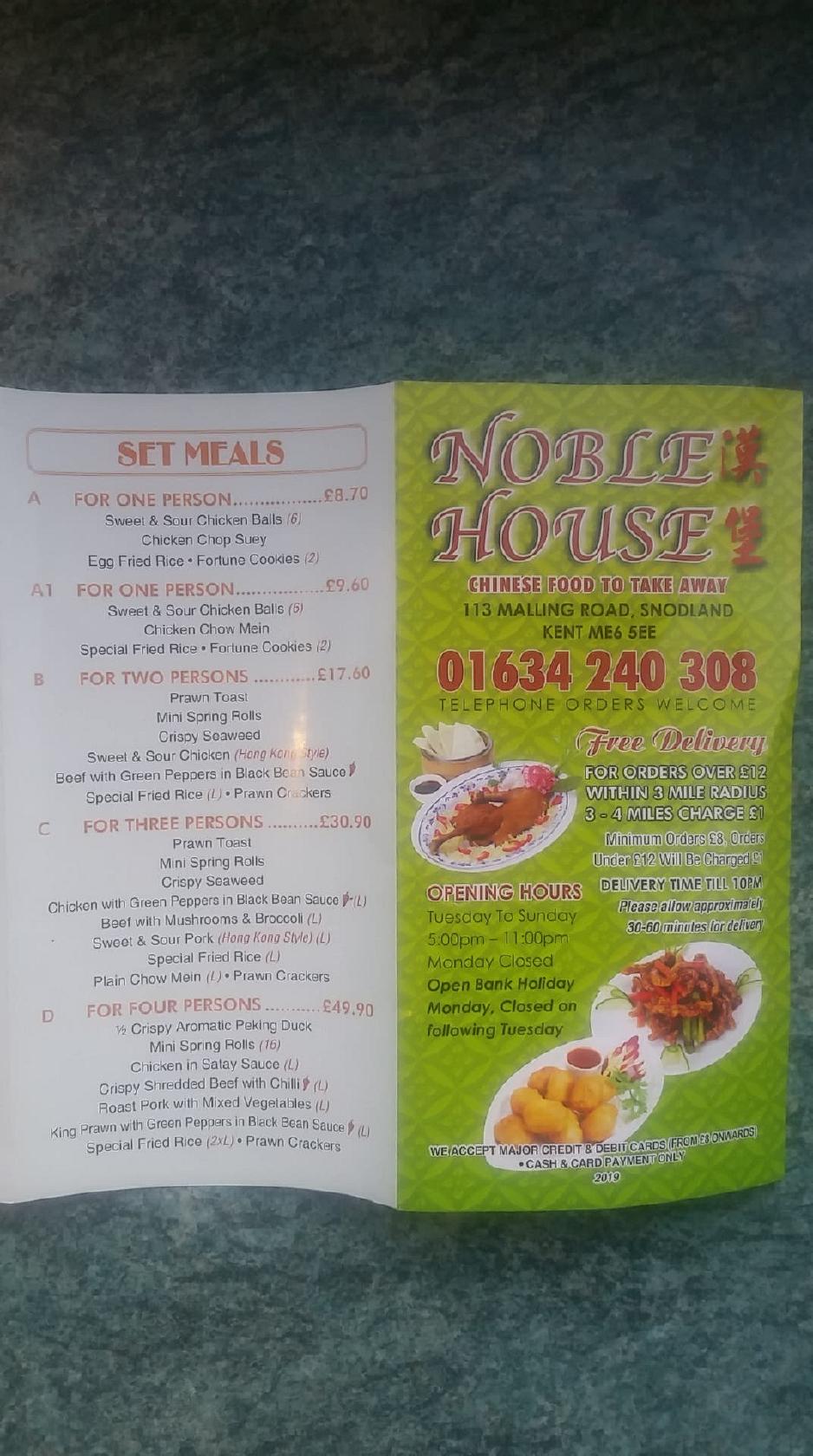 Menu at Noble House restaurant, Snodland, 113 Malling Rd