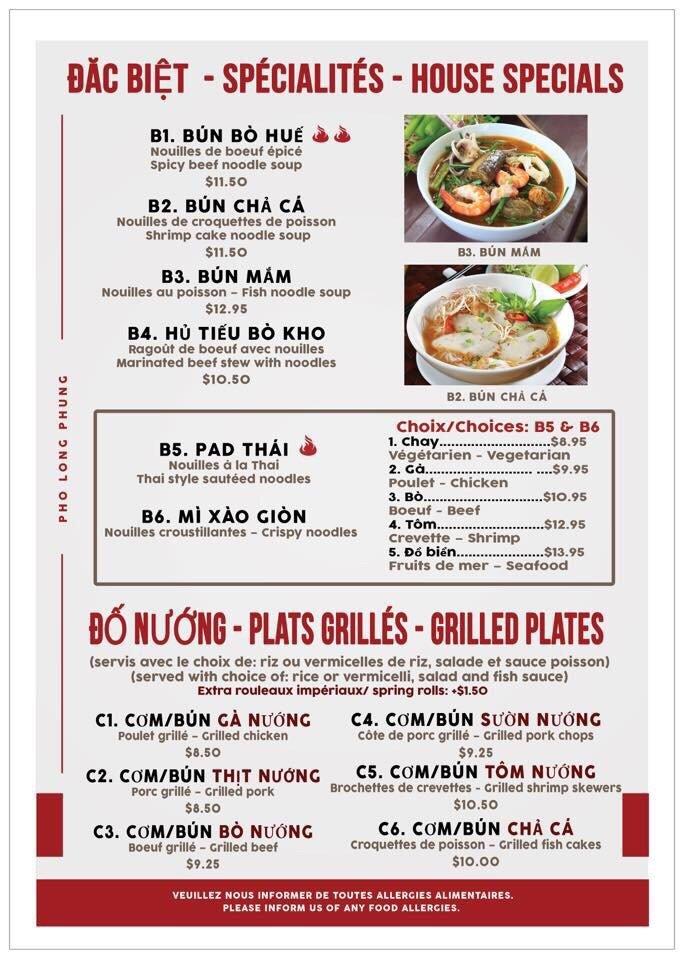 Carta del restaurante Phở Long Phụng, Montréal