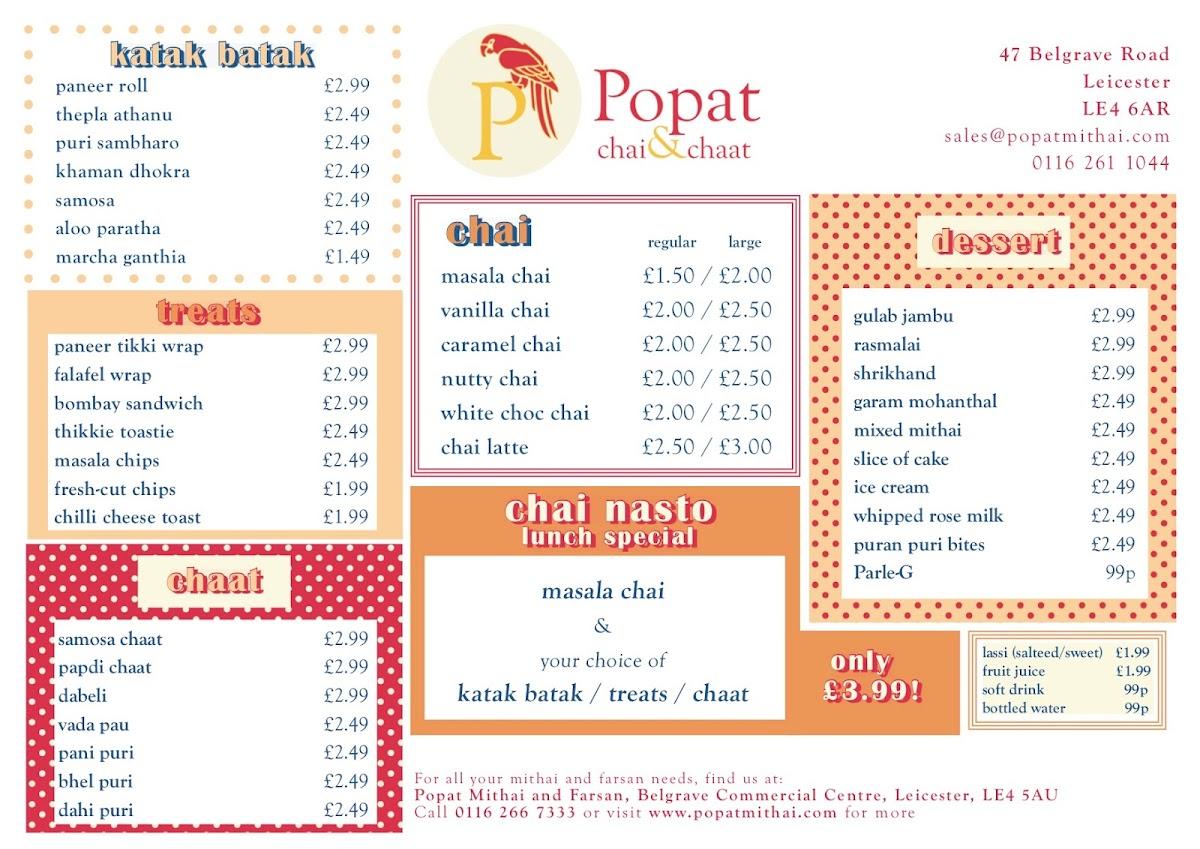 Menu at Popat Chai & Chaat restaurant, Leicester
