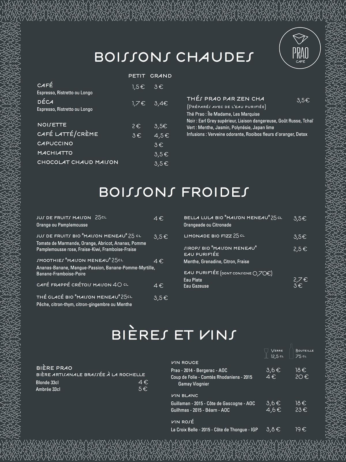 Menu au Prao Café Quai Valin La Rochelle, La Rochelle, 21 Quai Valin