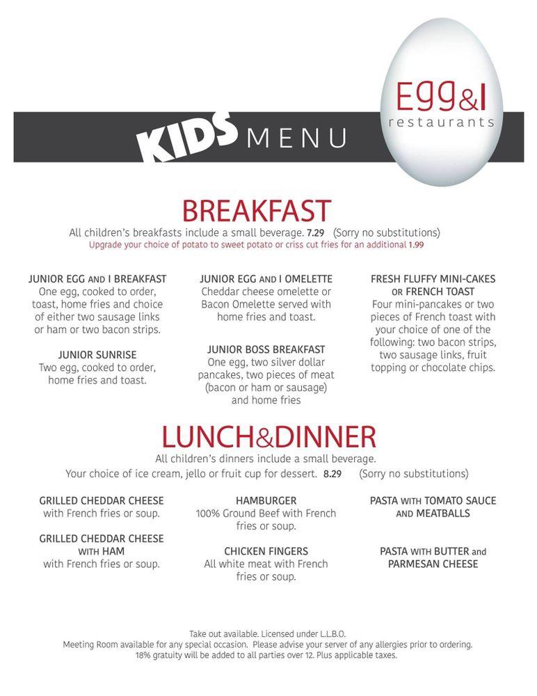 Menu at Egg & I restaurant, Hamilton, Upper James St