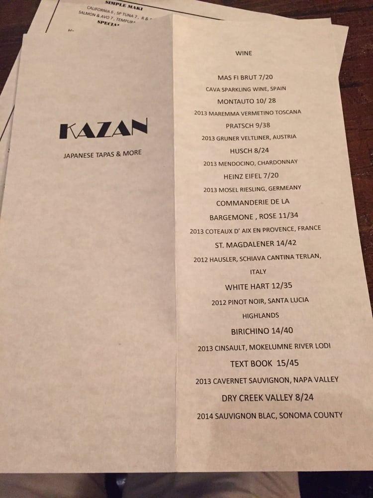 Menu at Kazan restaurant, San Francisco