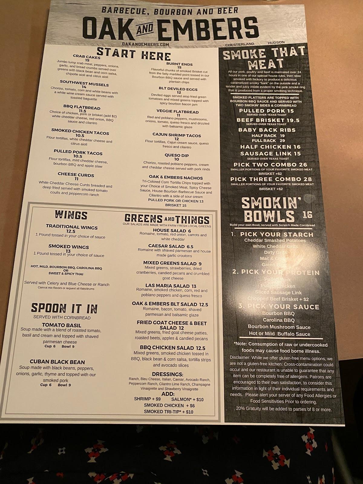 Menu at Oak & Embers Tavern restaurant, Chesterland