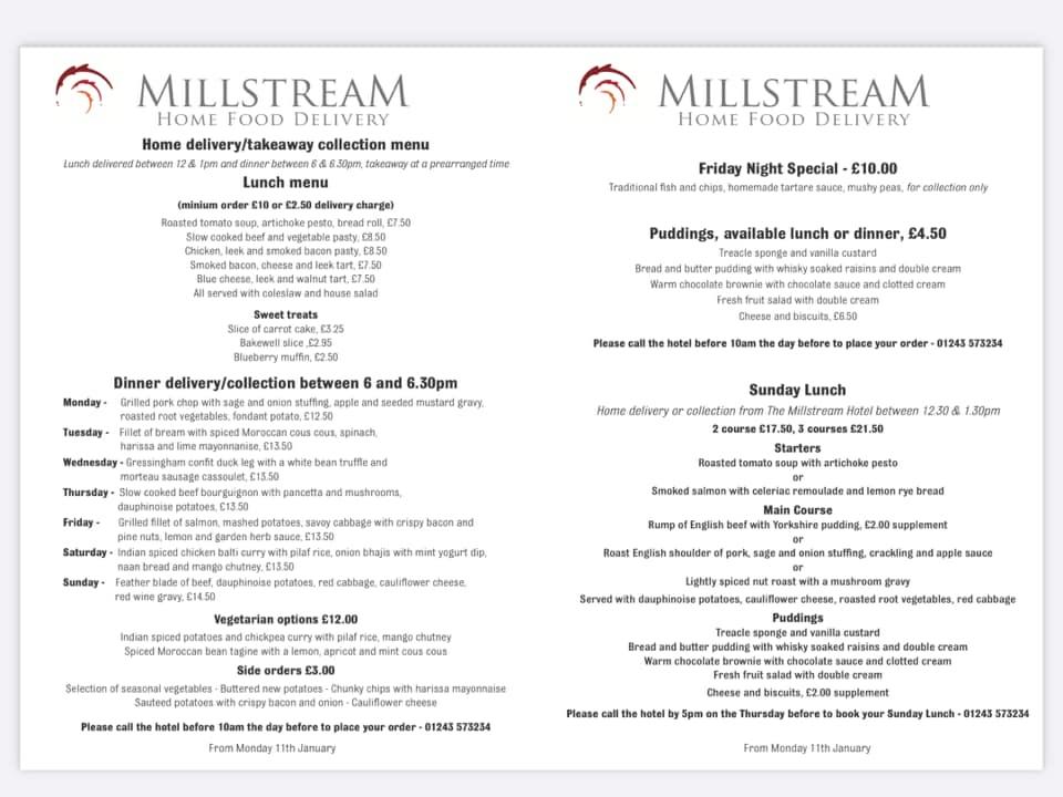 Menu at The Millstream Hotel & Sea School Restaurant, Chichester