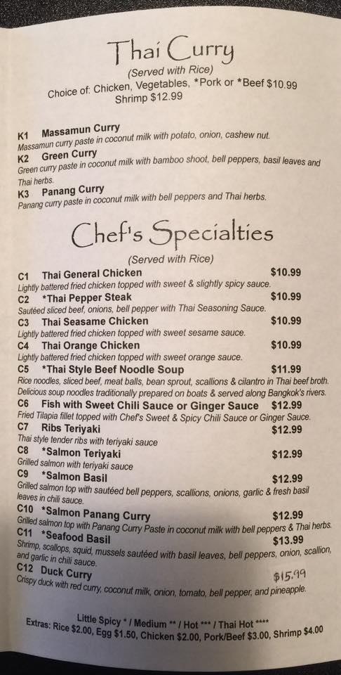 Menu at thai fusion cuisine restaurant, Pinehurst