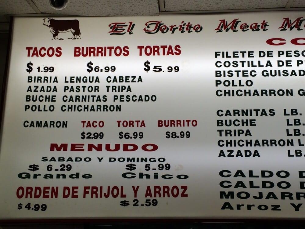 Menu at El Torito restaurant, Jurupa Valley