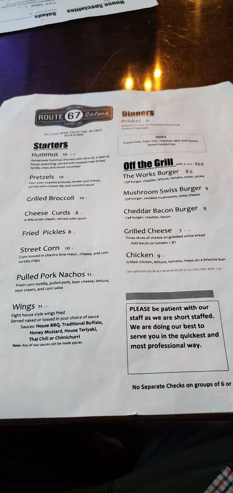 Menu at Route 67 Saloon pub & bar, Elkhart Lake