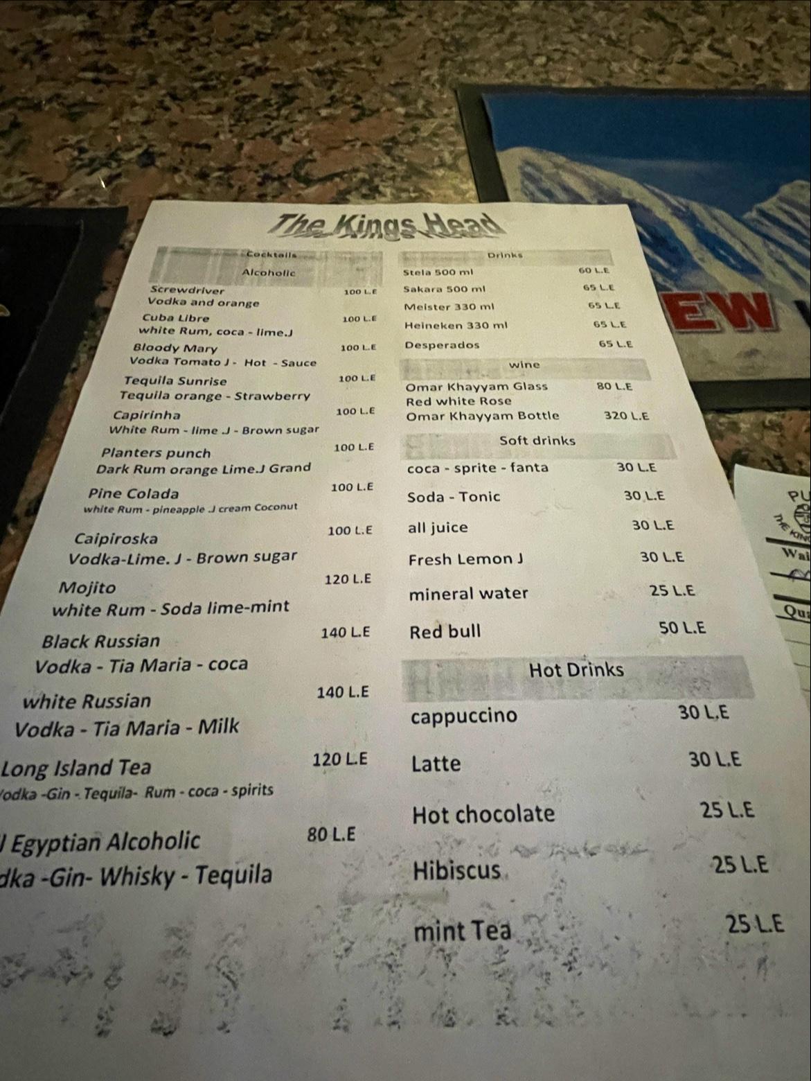 Menu at The King's Head Pub, Luxor