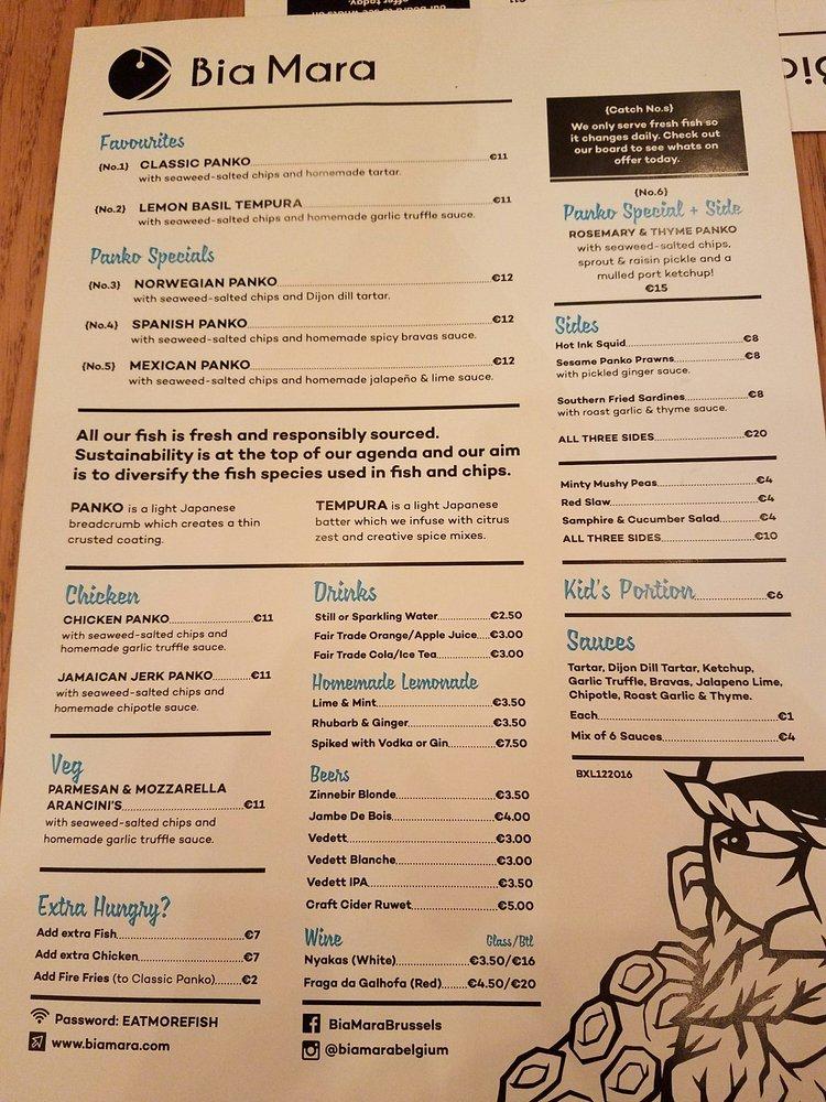 Menu at Bia Mara, Brussels, Rue du Marché aux Poulets 41
