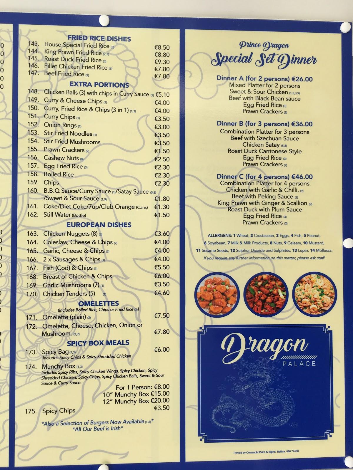 Menu at Dragon Palace Chinese Takeaway restaurant, Crossmolina