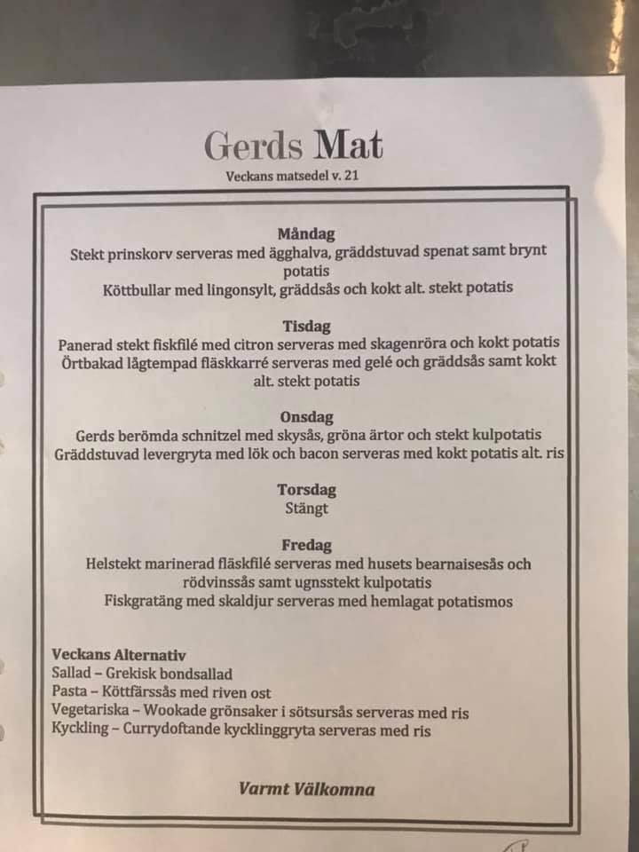 Menu at Gerds Mat restaurant, Kalmar