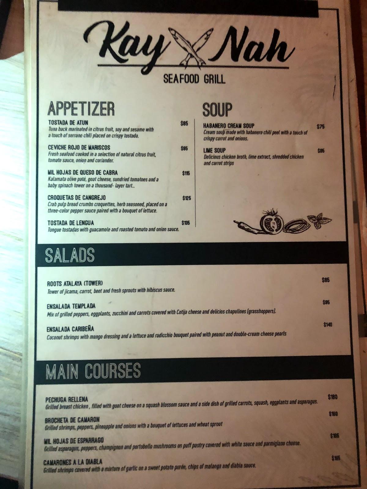 Menu at Kay Nah restaurant, Tulum