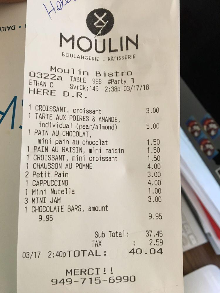 Menu at MOULIN cafe, Laguna Beach