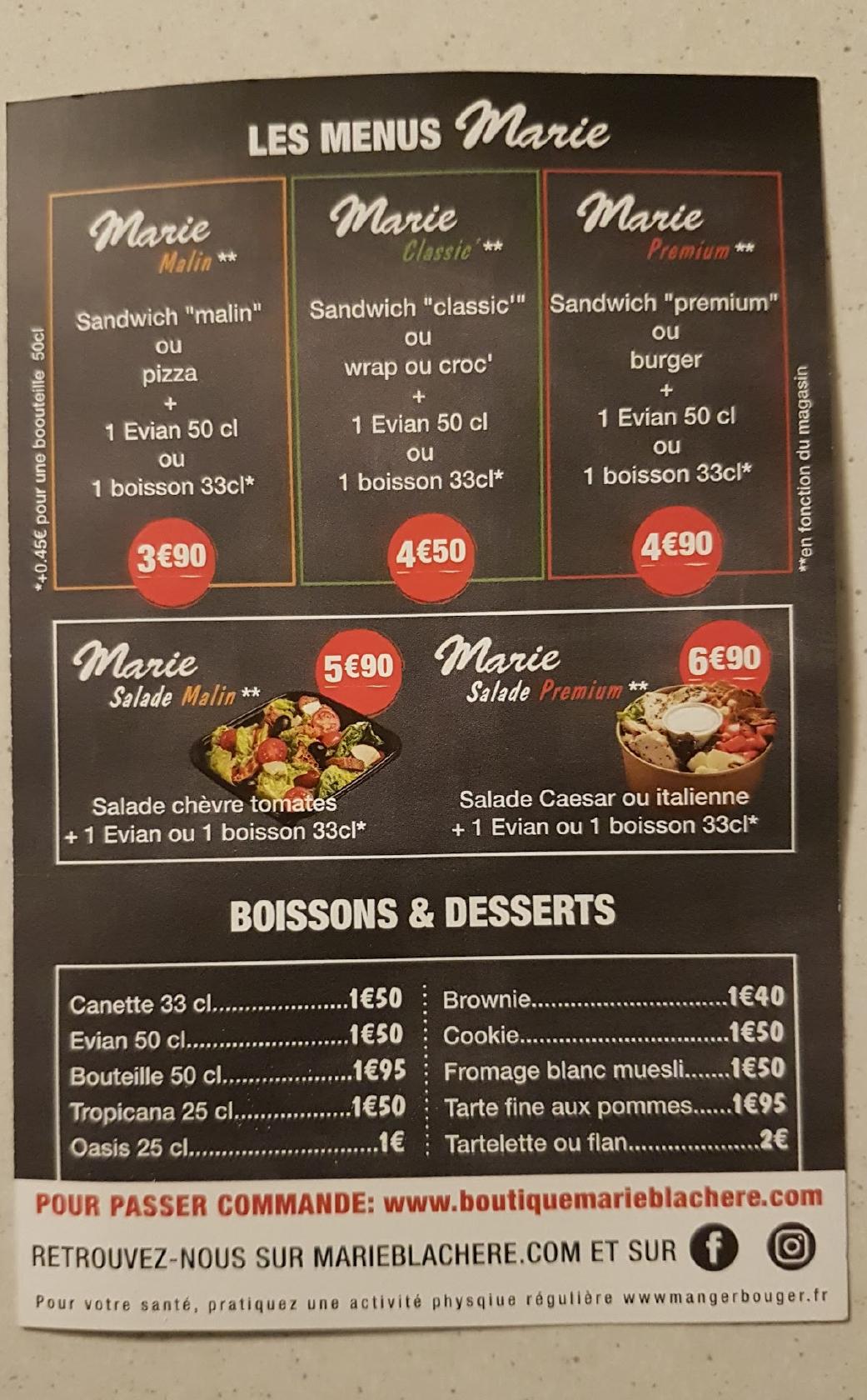 Menu au Marie Blachère Boulangerie Sandwicherie Tarterie, Thiers