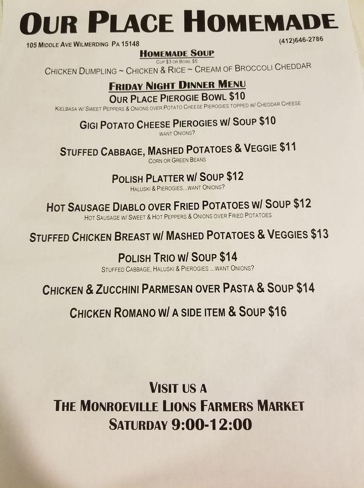 Menu at Our Place Homemade cafe, Wilmerding