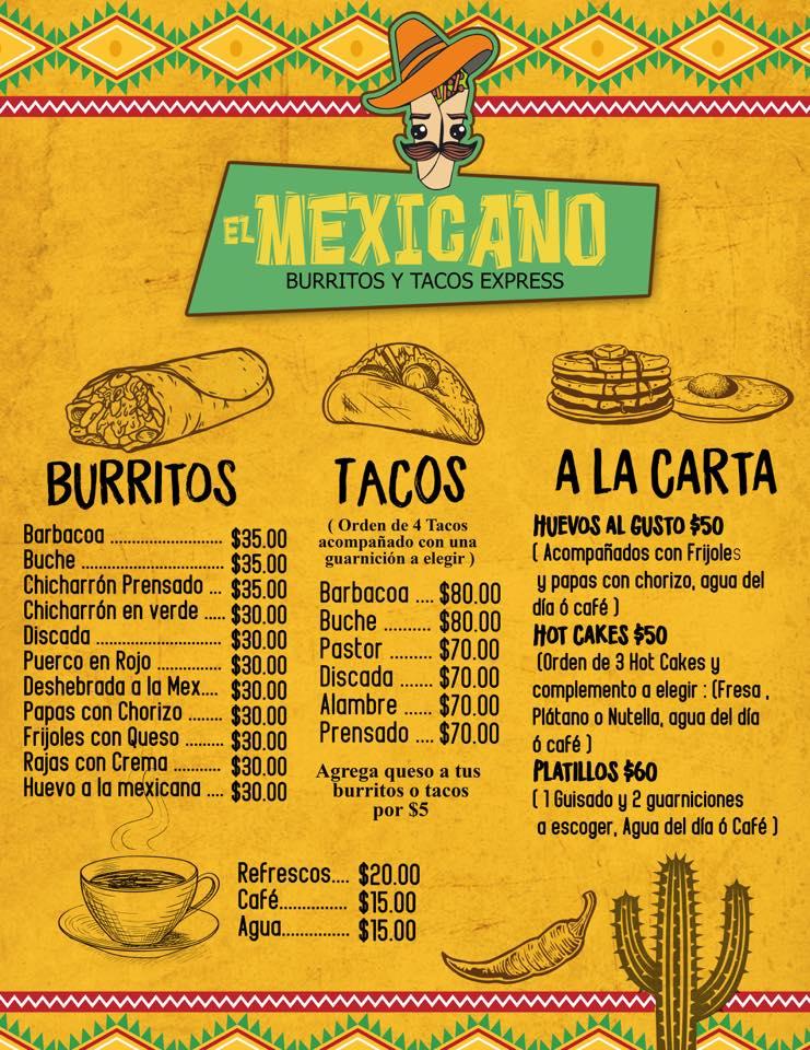Carta de Restaurante “El Mexicano “, Ciudad Juarez