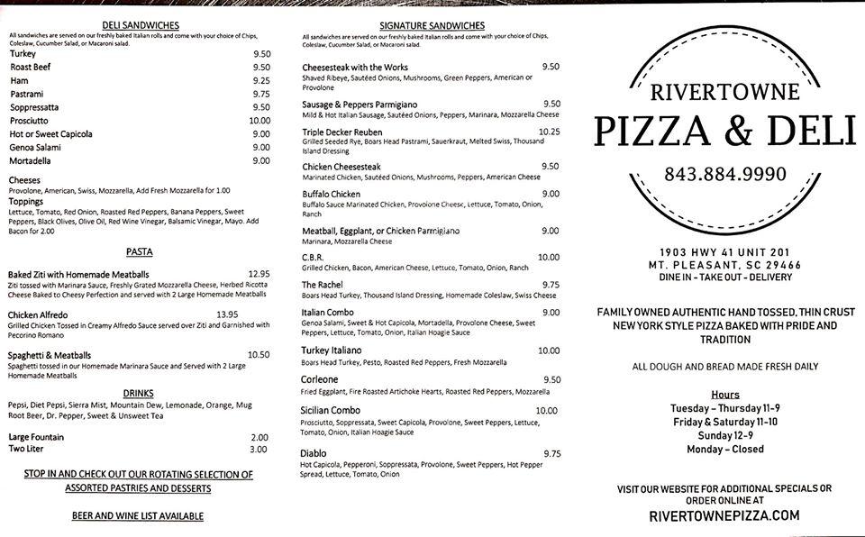 Carta de pizzería Rivertowne Pizza & Deli, Mount Pleasant