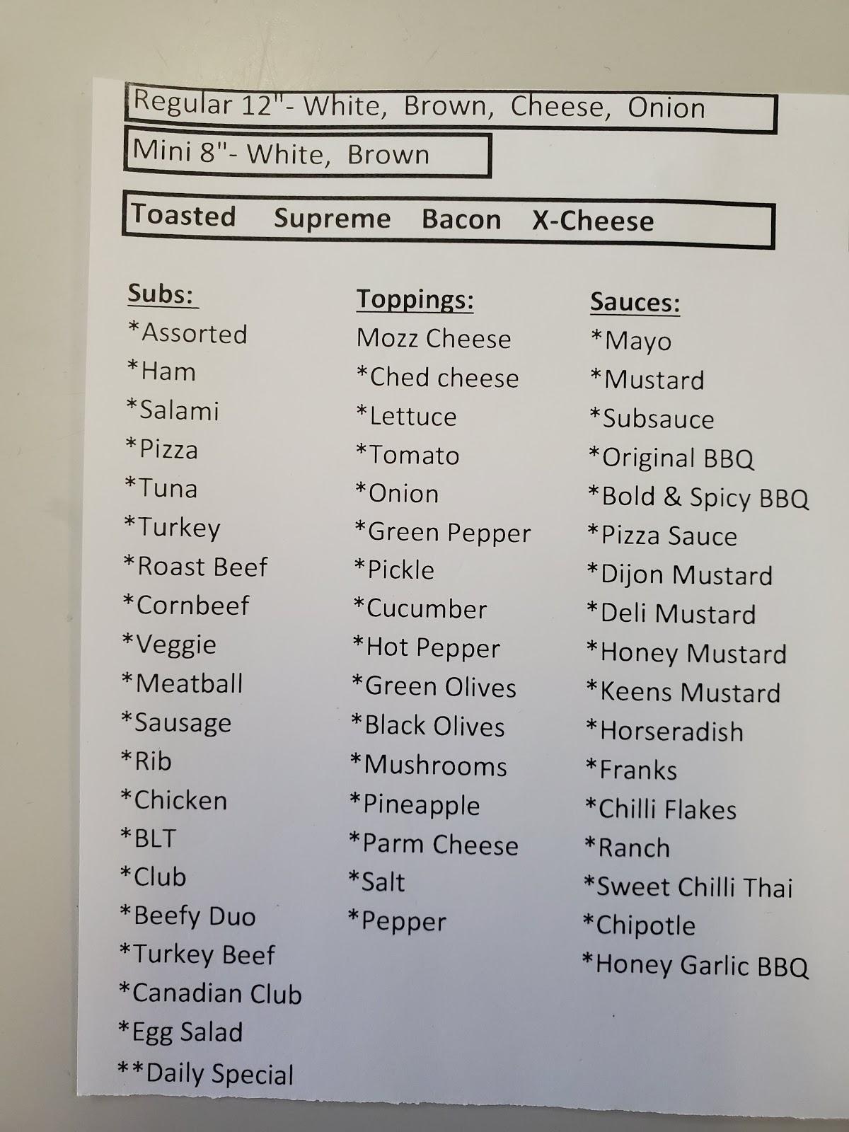 Menu at Submarine Supreme fast food, New Tecumseth