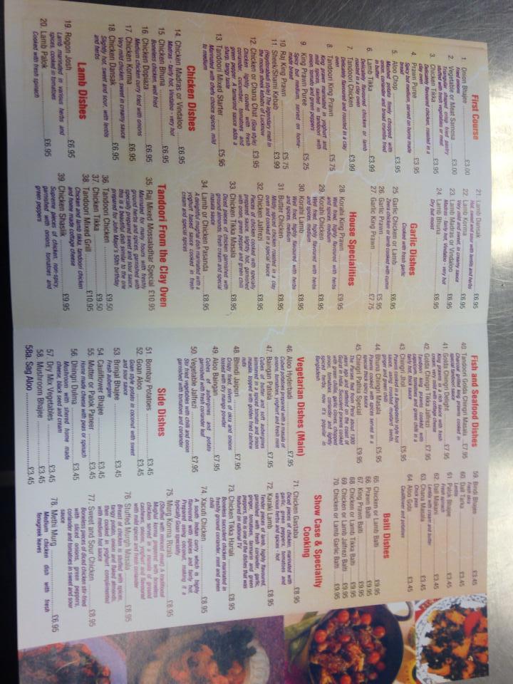 Menu at The Raj restaurant, Maldon
