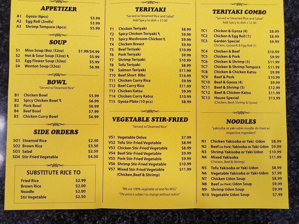 Menu at Tokyo Garden restaurant, Mill Creek