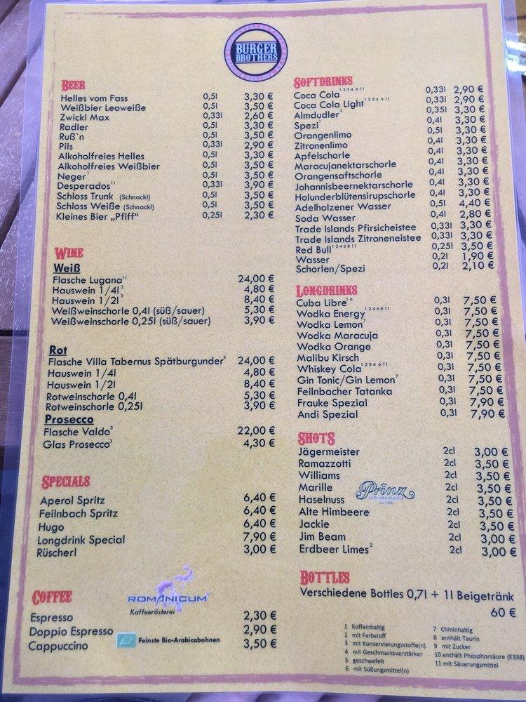 Menu at Burger Brothers restaurant, Bad Feilnbach